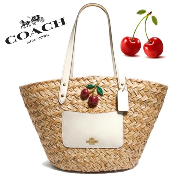 Coach | Bags | Coach Straw Cherry Straw White Leather Bag Tote | Poshmark